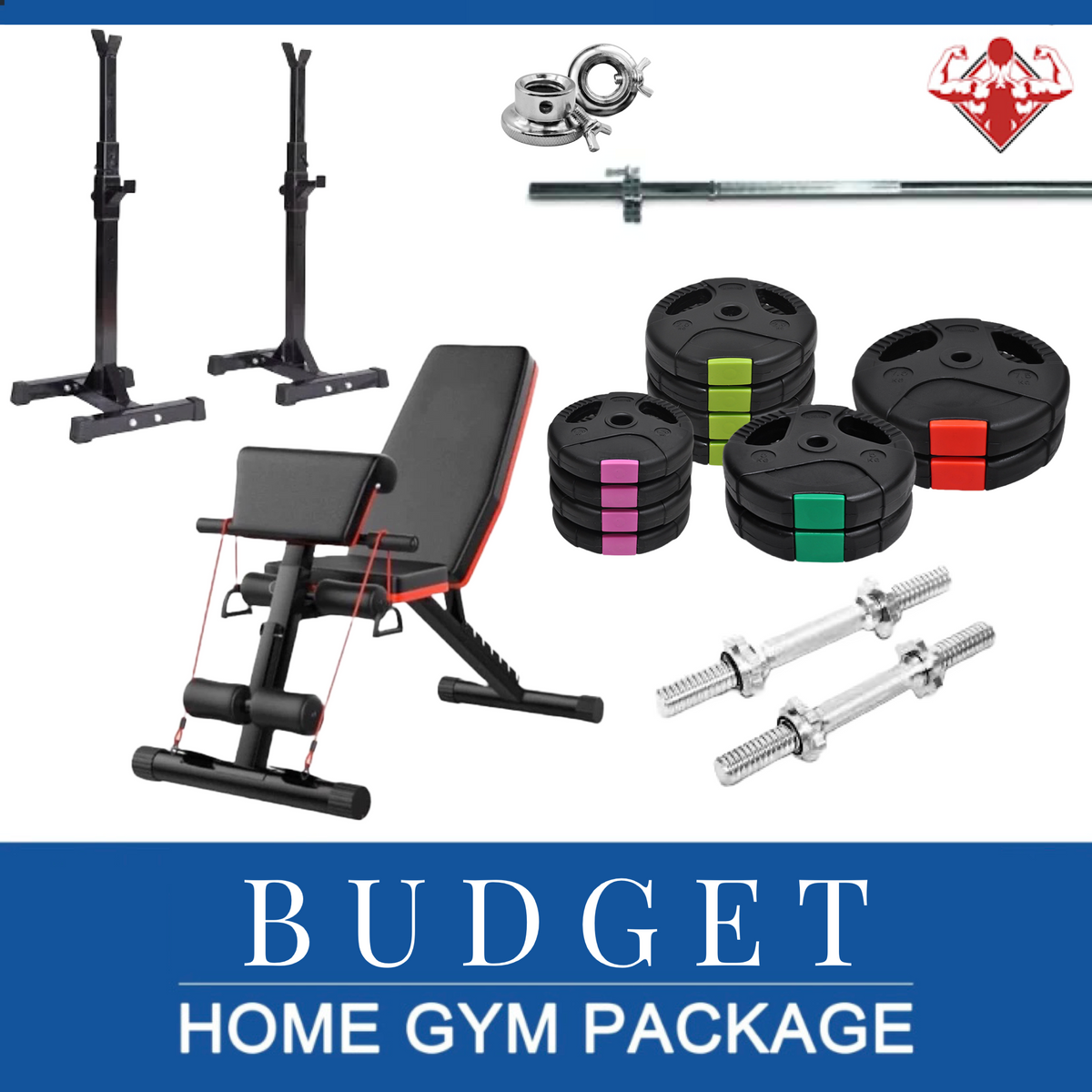 SQUAT RACK PACKAGE 40KG WEIGHTS, BENCH, BAR & DB’S – Power Gym Equipment